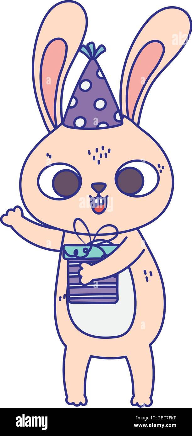 happy birthday, cute rabbit with party hat and gift cartoon isolation ...
