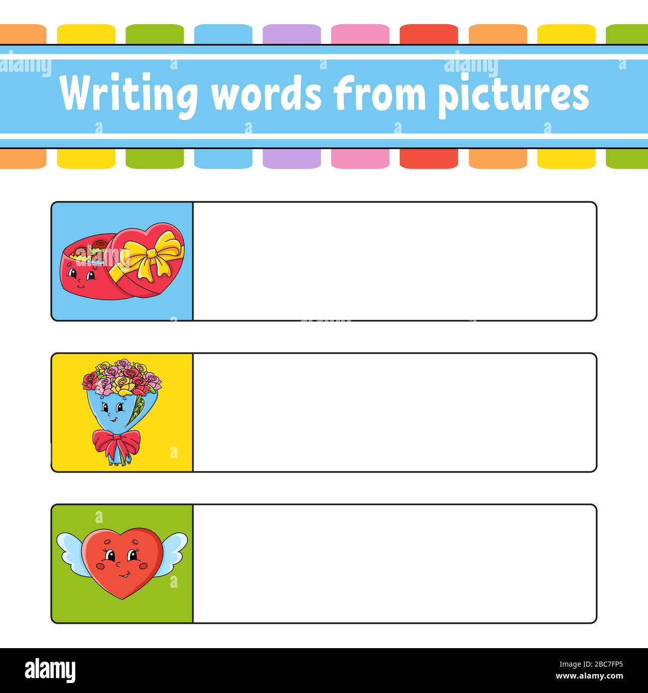 Writing words from pictures. Candy box, bouquet, heart. Education ...