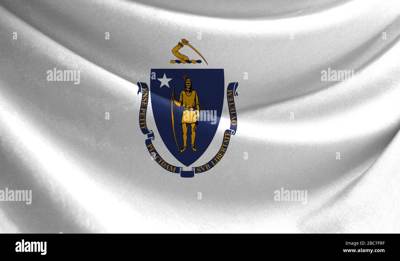 Realistic flag State of Massachusetts on the wavy surface of fabric ...