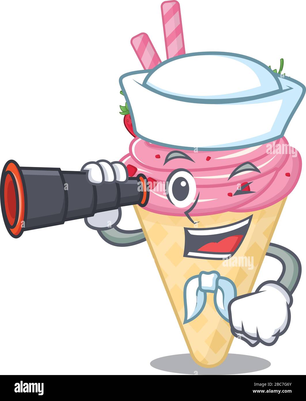 A cartoon icon of strawberry ice cream Sailor with binocular Stock ...