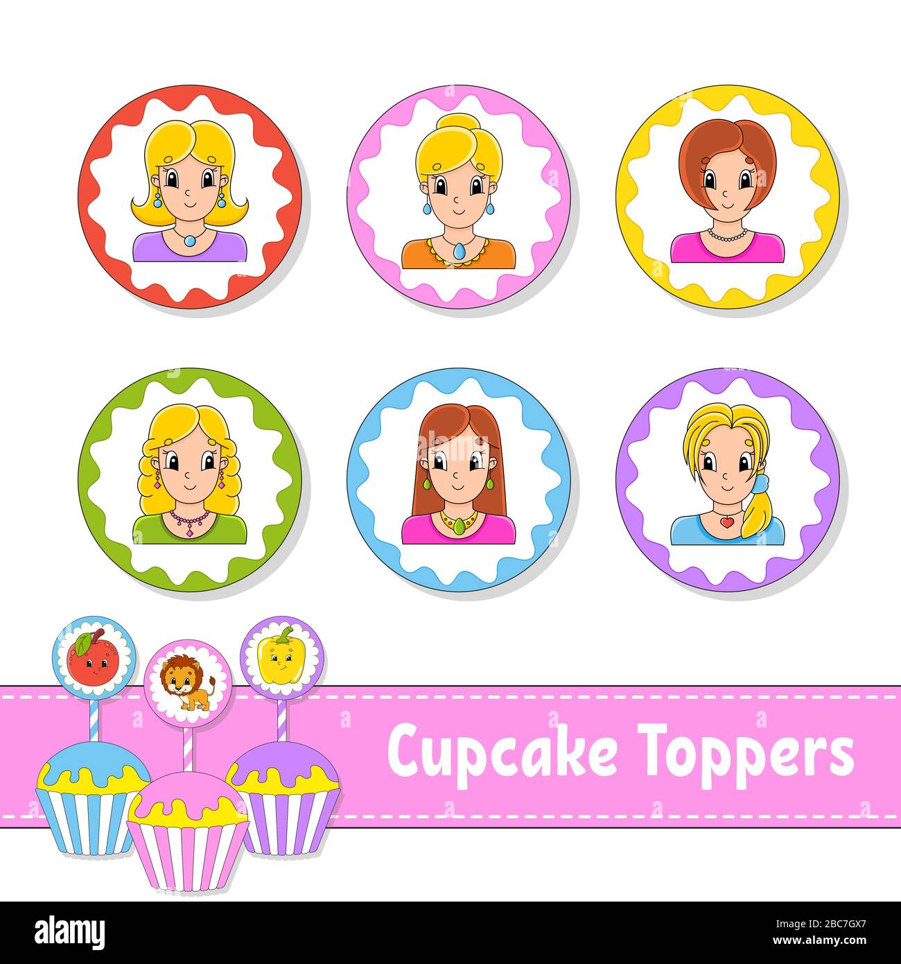 Cupcake Toppers. Set of six round pictures. Beautiful smile girls ...