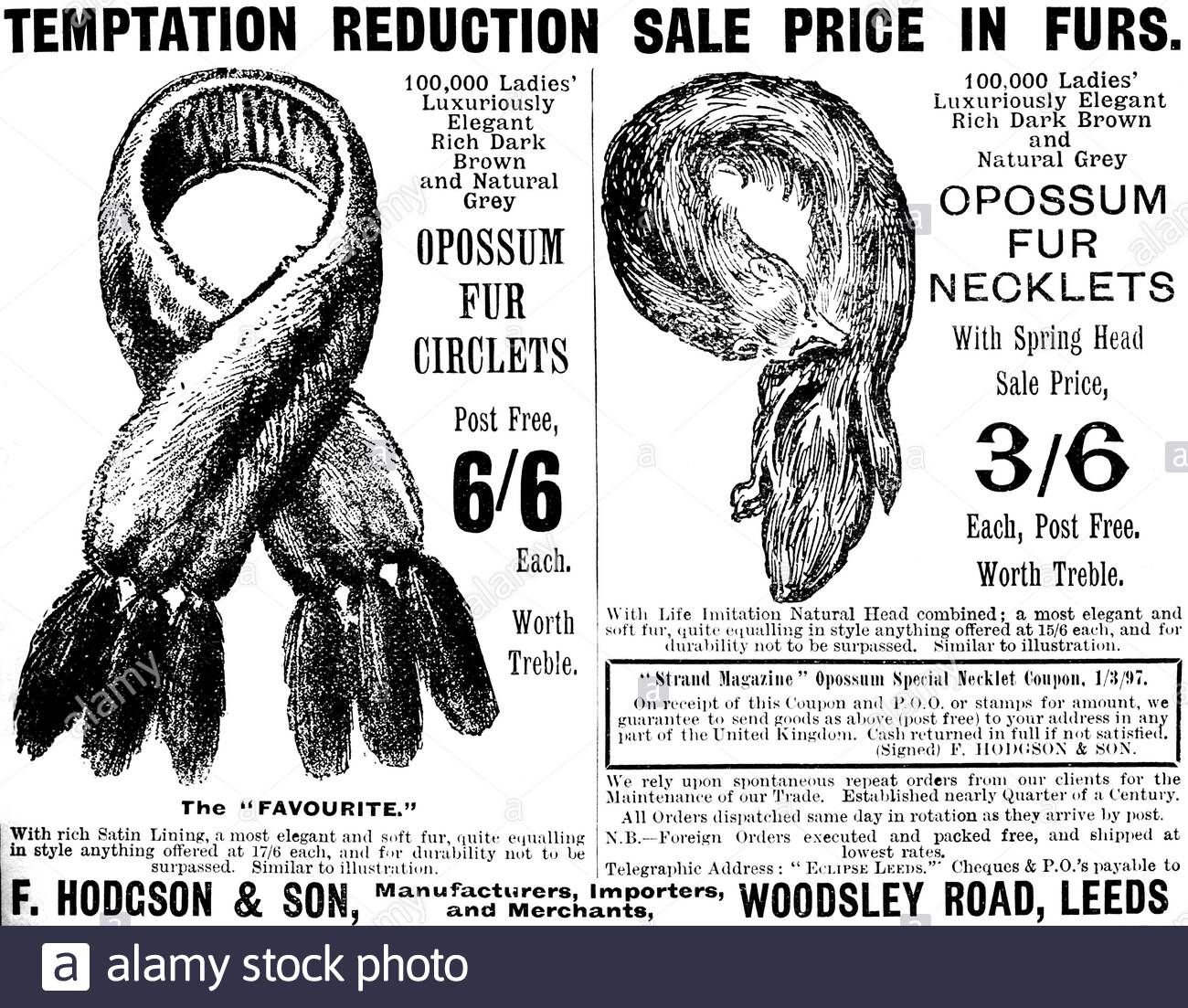 Victorian era, Opossum furs, vintage advertising from 1897 Stock Photo ...