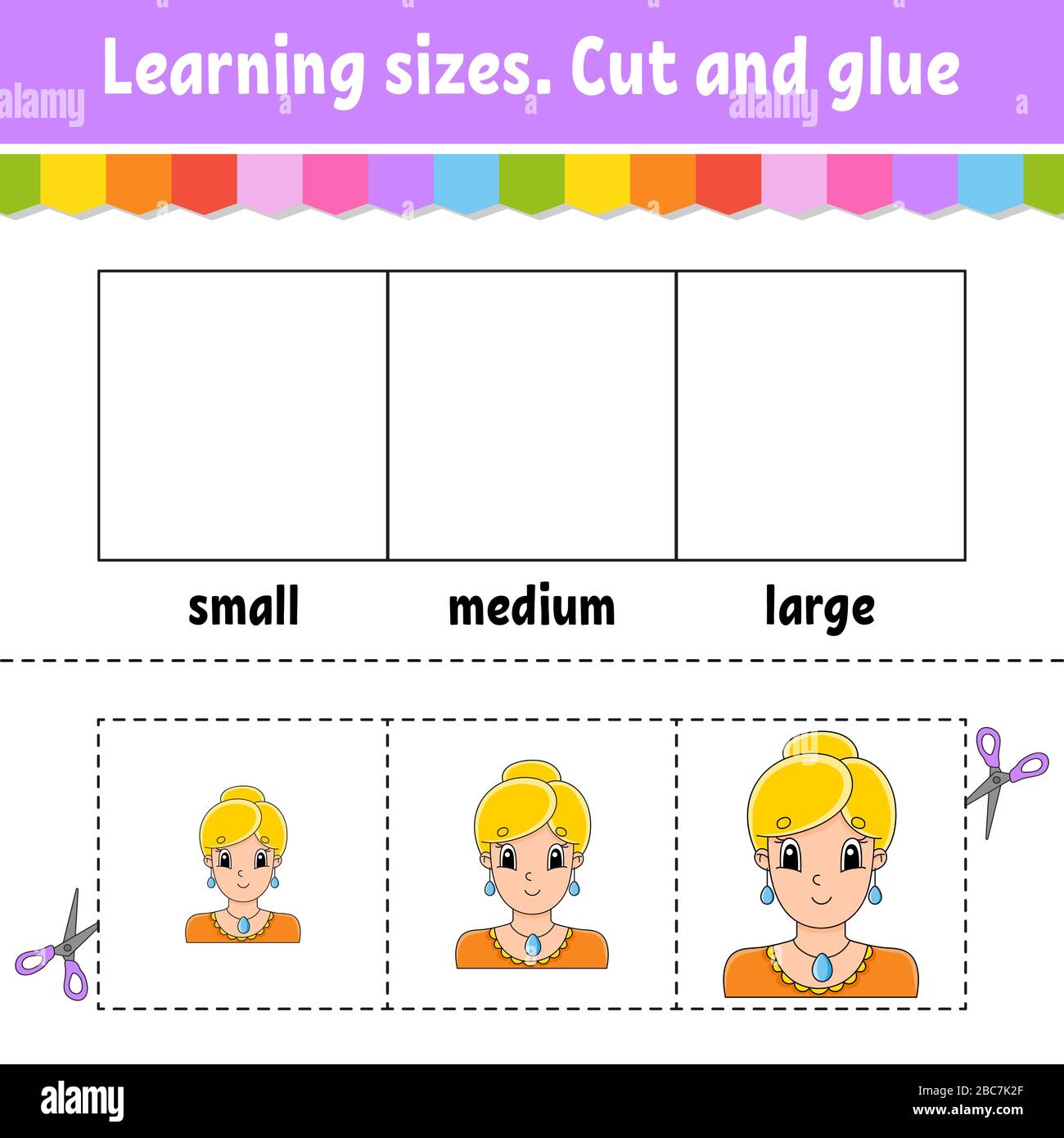 Learning sizes. Cut and glue. Easy level. Color activity worksheet ...