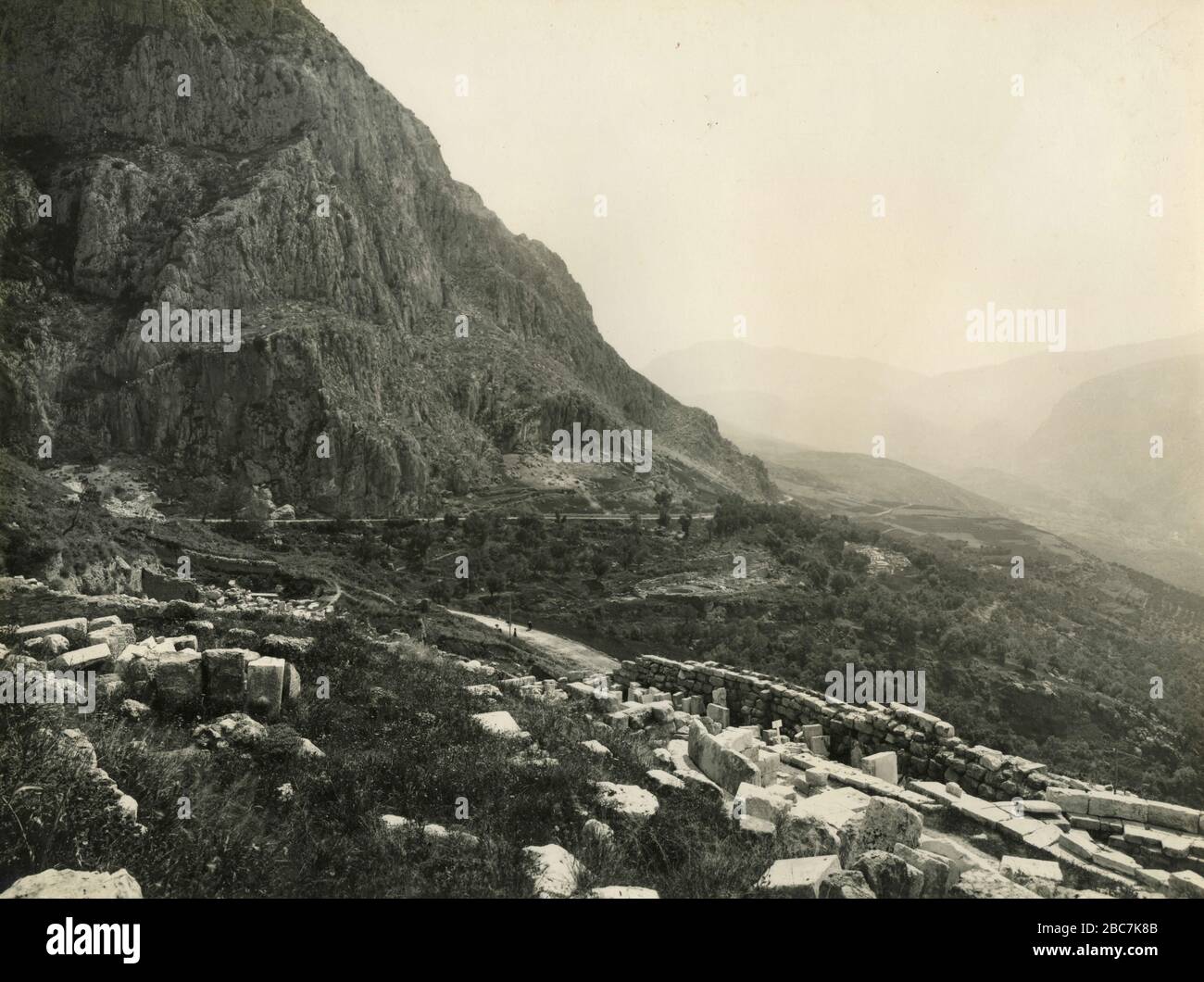 Overview of the Gymnasium and Mount Helicon, Delphi, Greece 1920s Stock ...