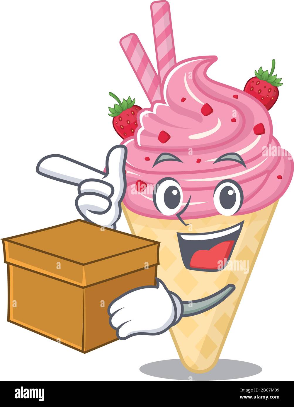 An picture of strawberry ice cream cartoon design concept holding a box ...