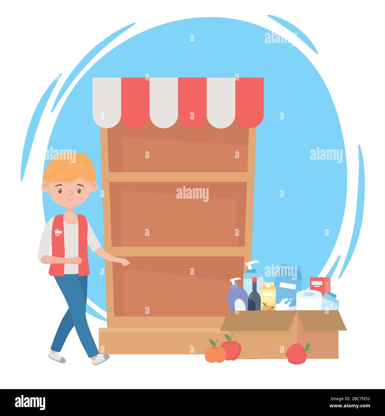 guy with sold out shelf and cardboard box full food excess purchase ...