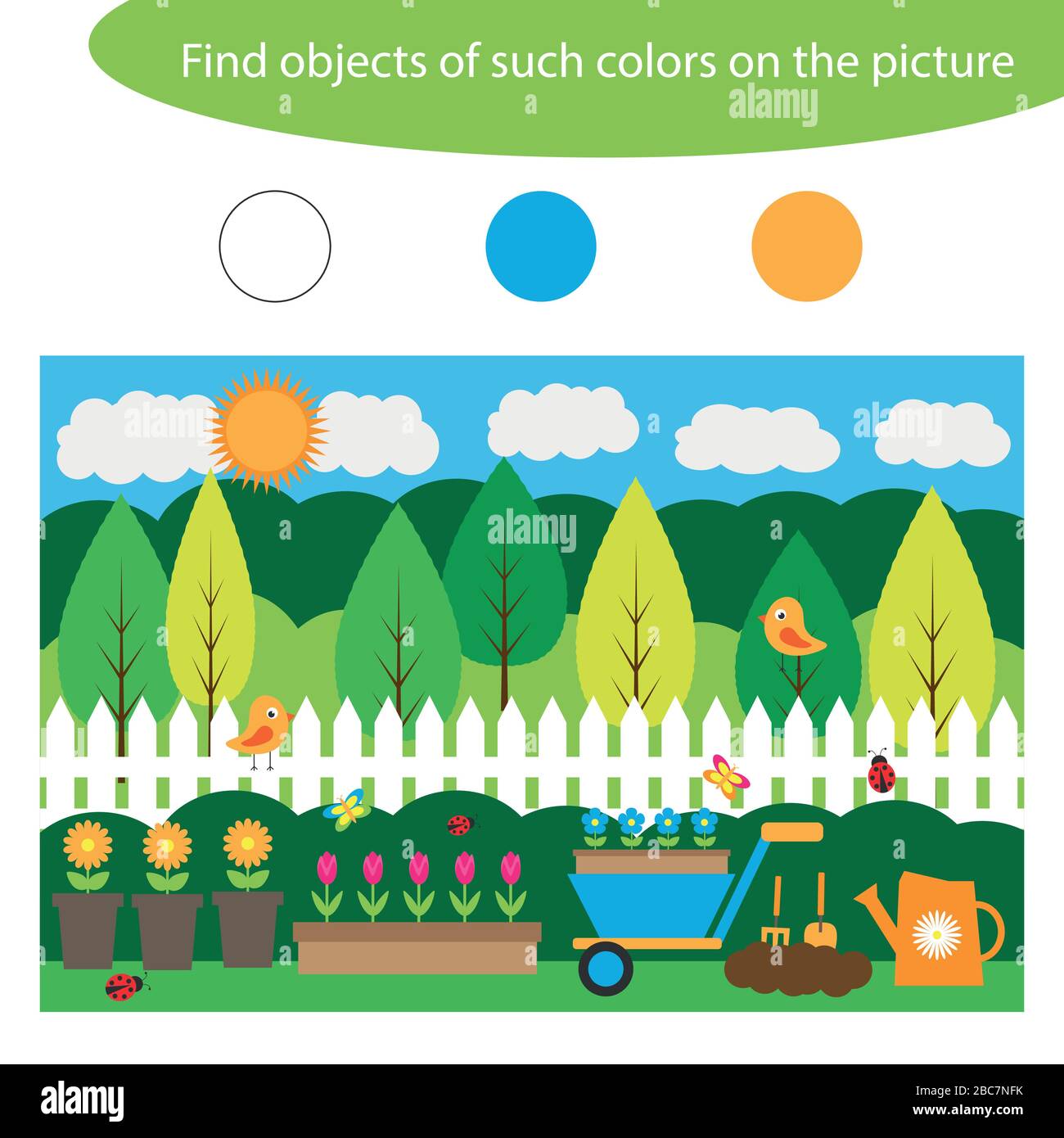 Find objects of same colors, garden game for children in cartoon style ...