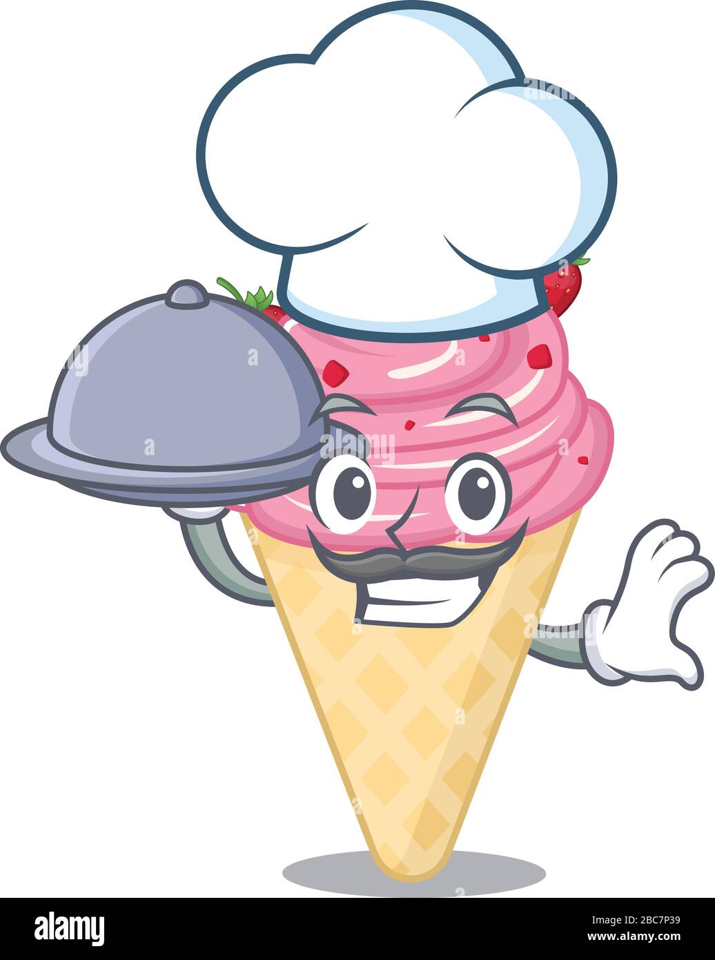 Strawberry ice cream chef cartoon character serving food on tray Stock ...
