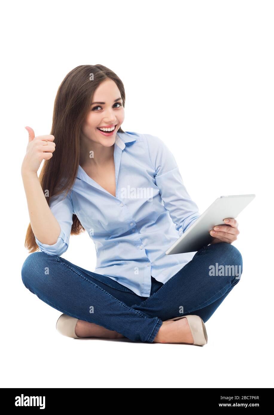 Business woman using laptop sitting Cut Out Stock Images & Pictures - Alamy