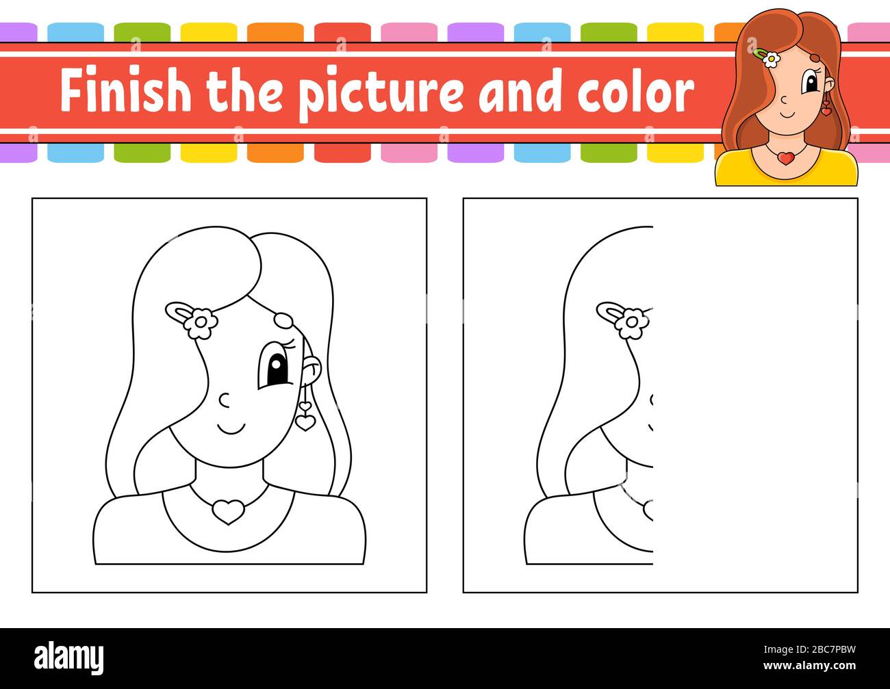 Finish the picture and color. Cartoon character isolated on white ...