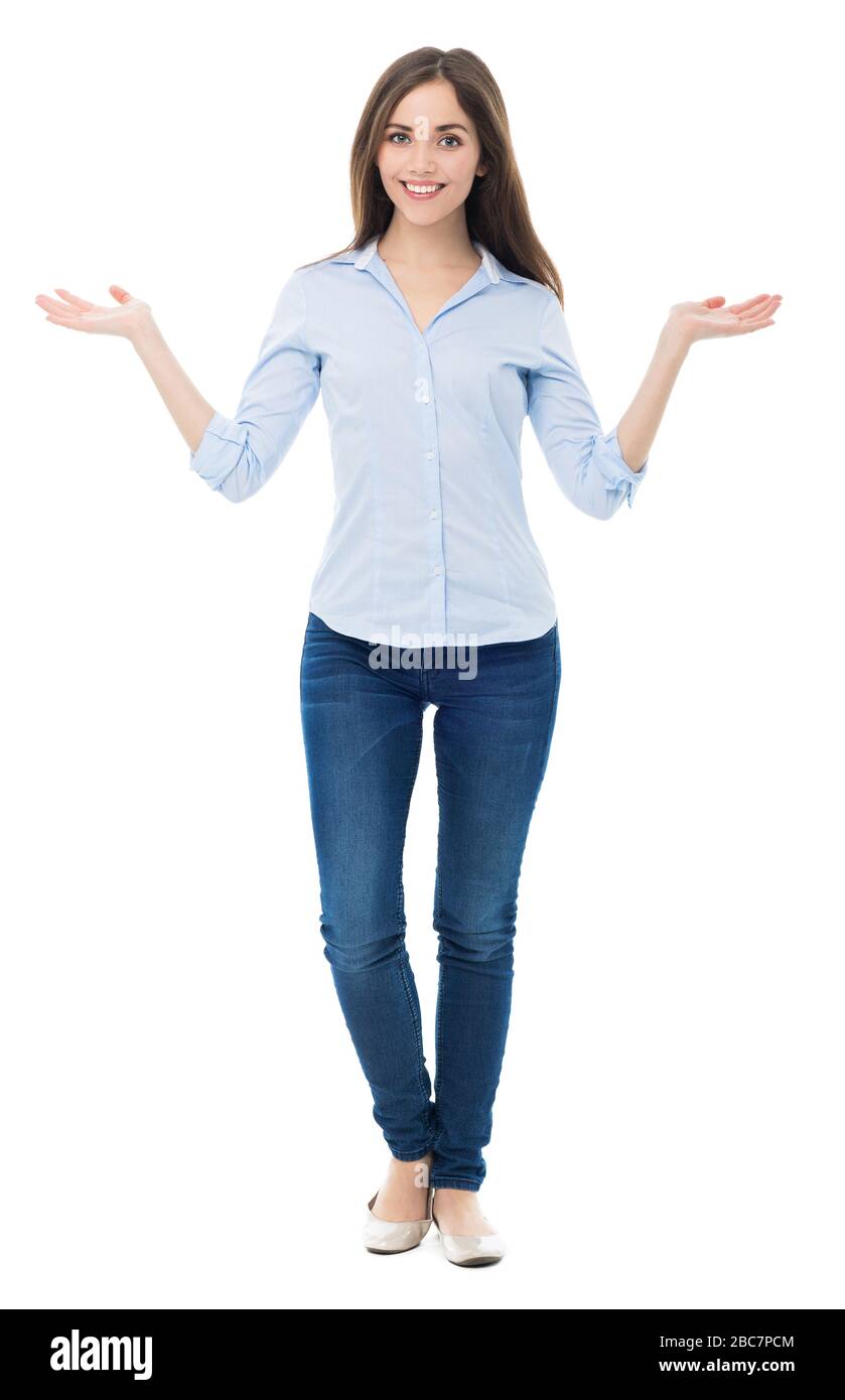 Beautiful woman pointing finger Stock Photo - Alamy