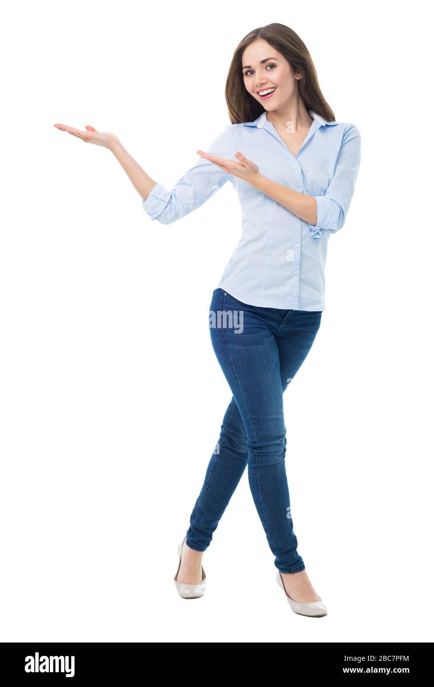 Beautiful woman pointing finger Stock Photo - Alamy