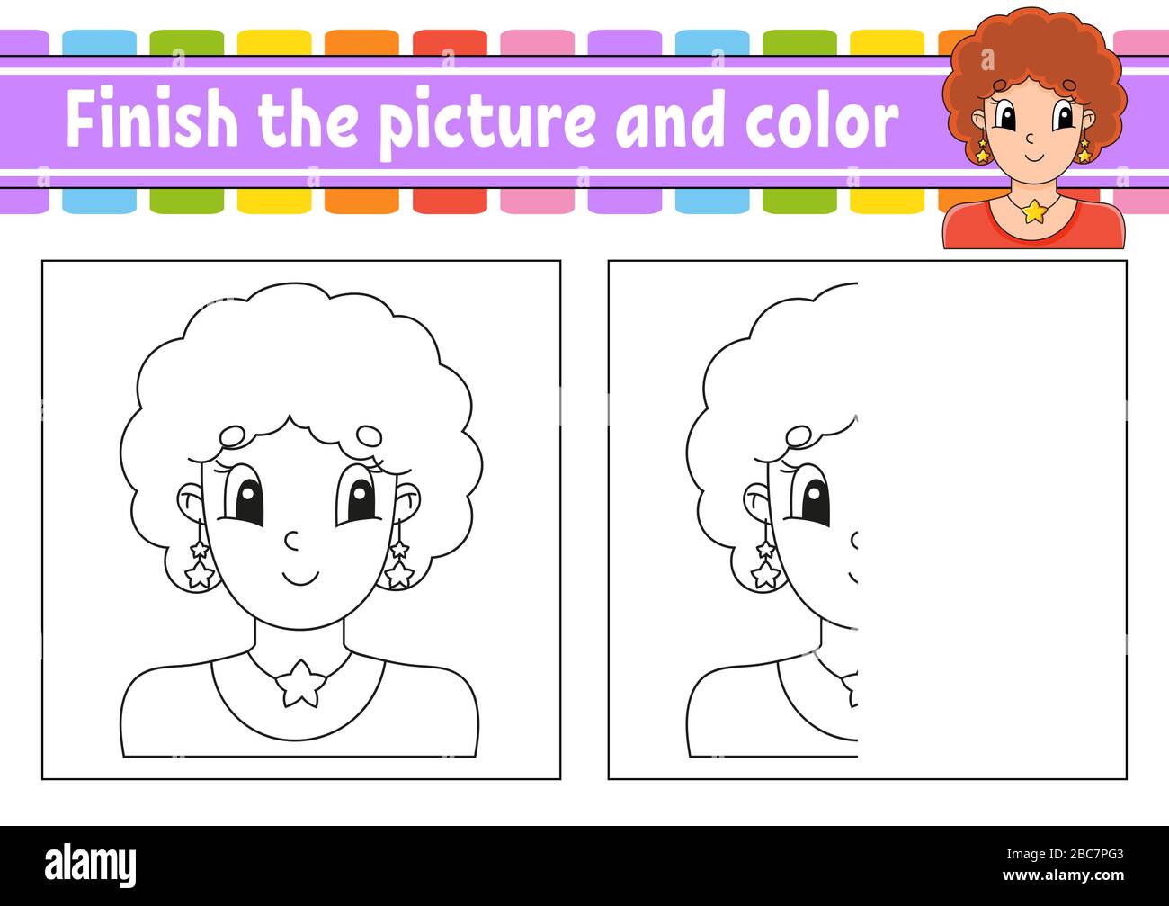 Finish the picture and color. Cartoon character isolated on white ...