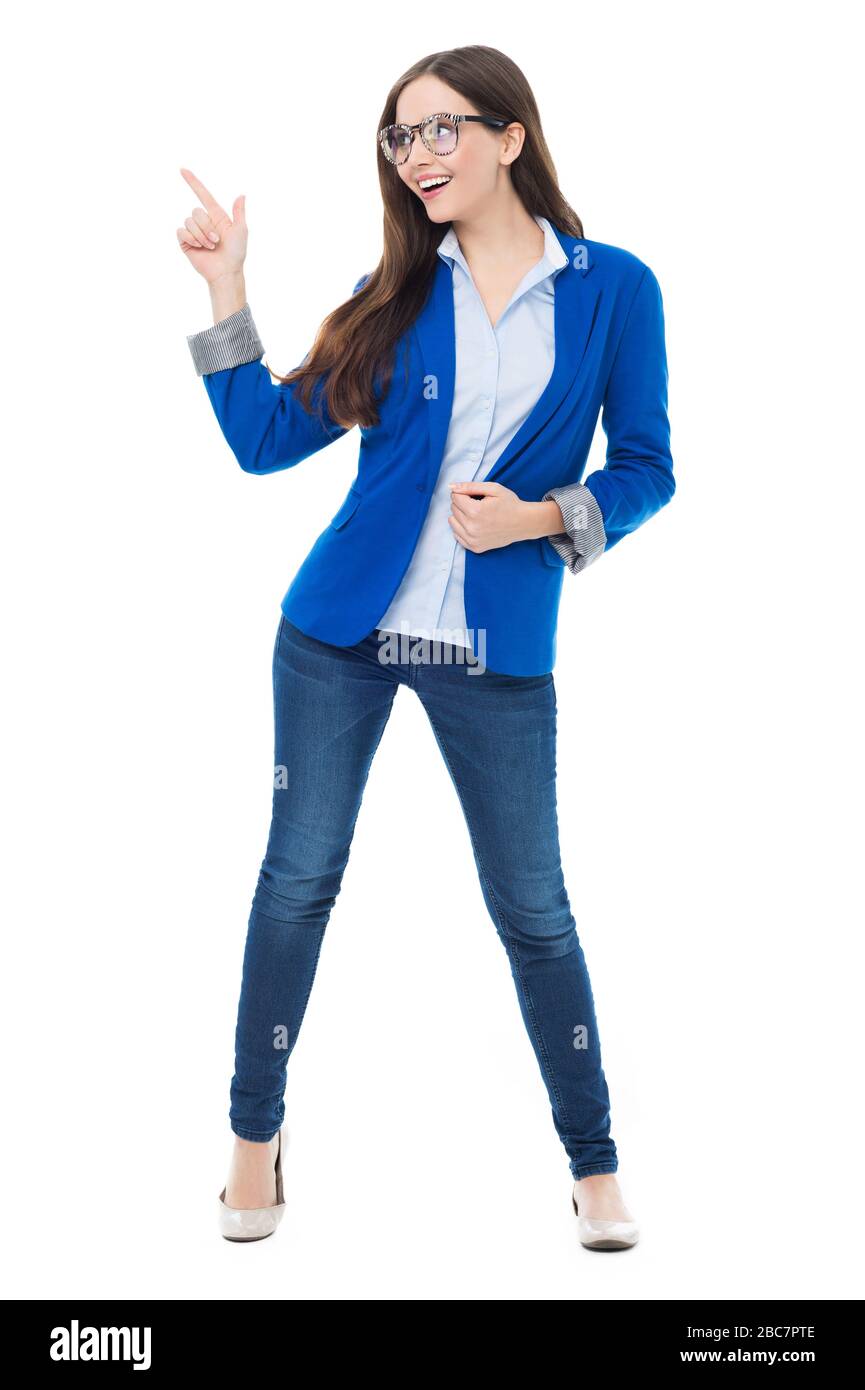 Beautiful woman pointing finger Stock Photo - Alamy