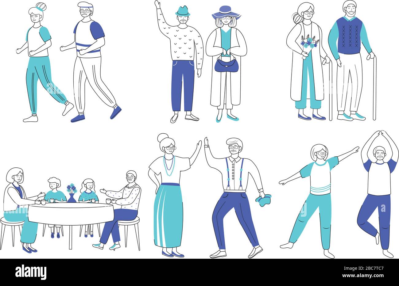 Retired people flat vector illustrations set. Senior age family ...