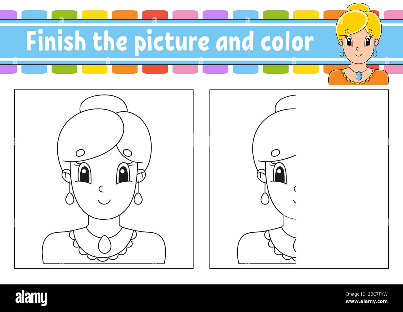 Finish the picture and color. Cartoon character isolated on white ...