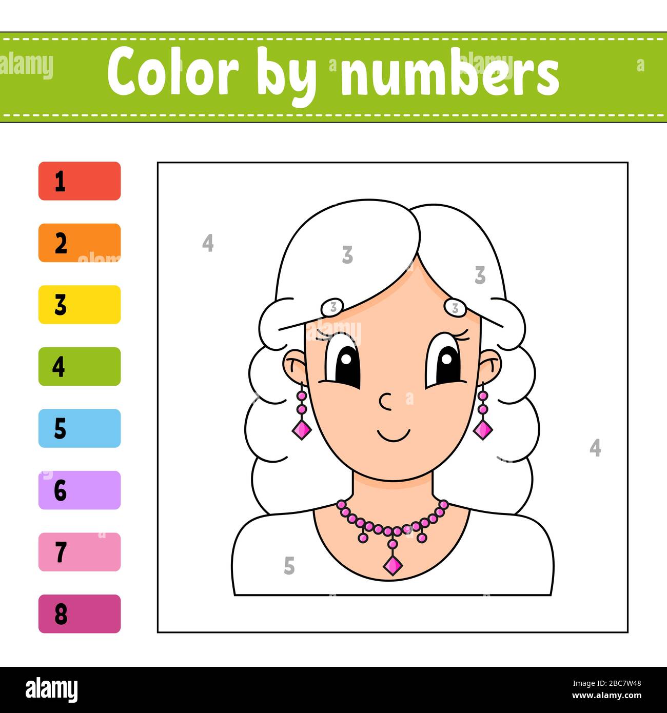 Color by numbers. Beautiful girl. Activity worksheet. Game for children ...