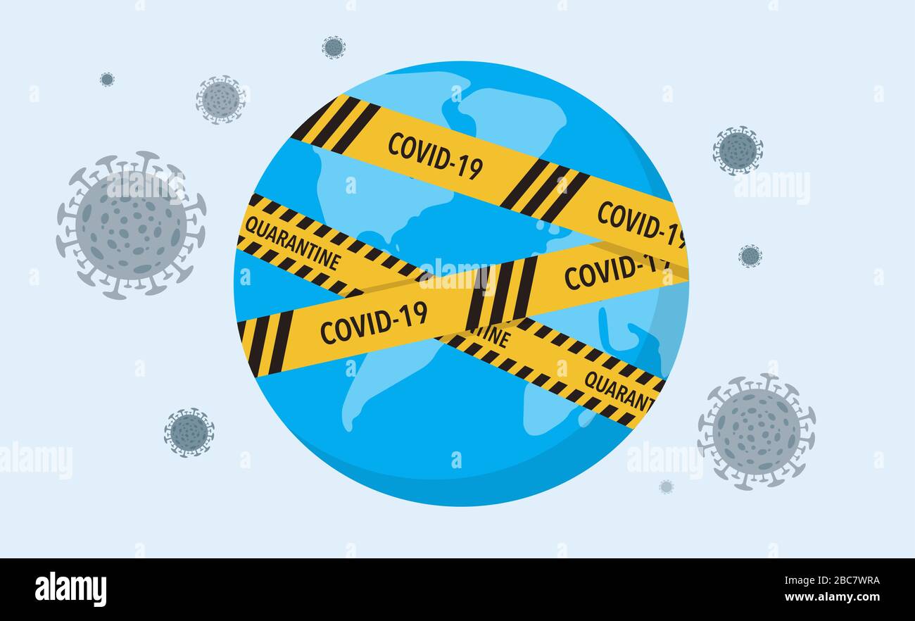 COVID-19 virus lockdown barrier tape over a world. Coronavirus pandemic ...