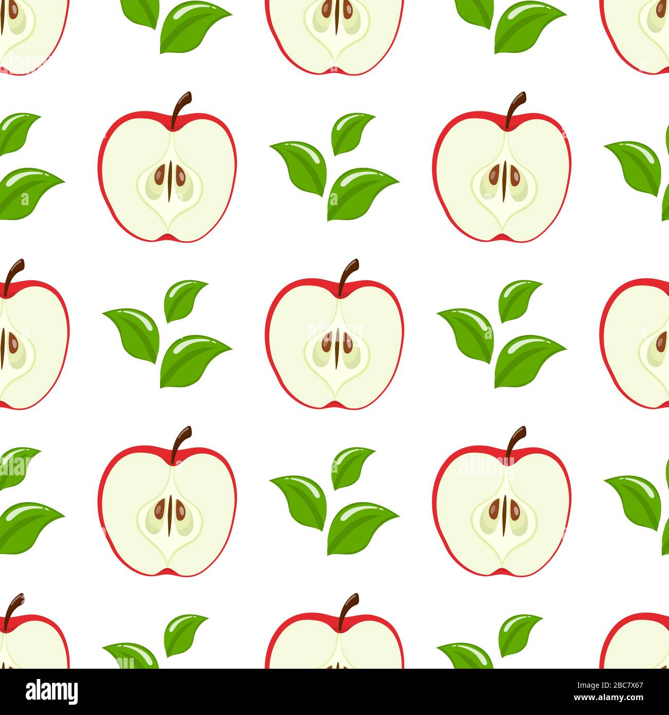Seamless pattern with red half apples and leaves on white background ...