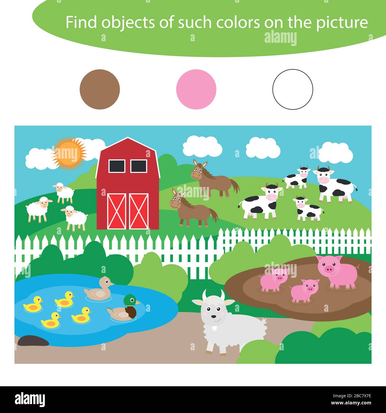 Find objects of same colors, farm animals, game for children in cartoon ...