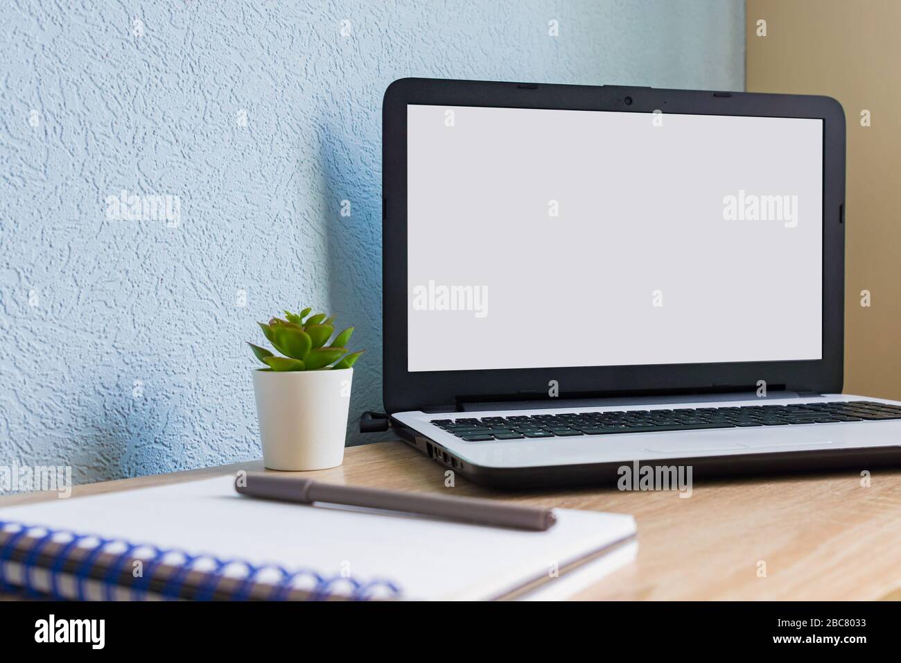 Home office. Open laptop with empty white screen. Business mockup Stock ...