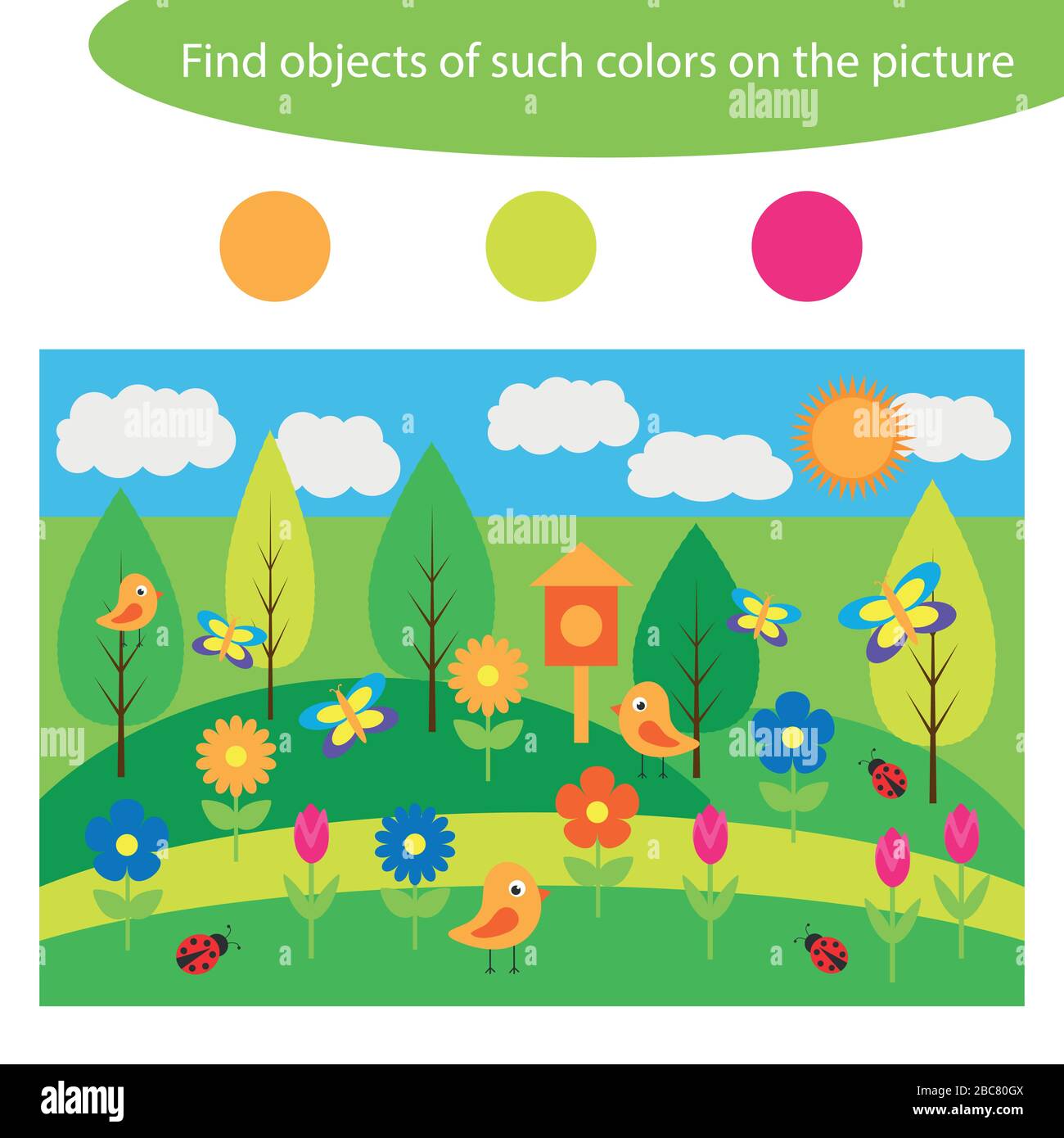 Find objects of same colors, spring game for children in cartoon style ...