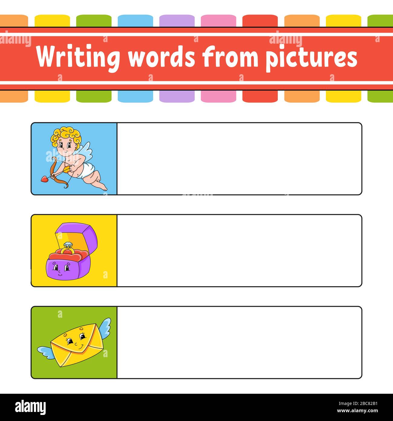 Writing words from pictures. Education developing worksheet. Cupid ...