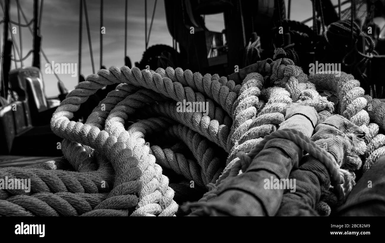 Vintage white rigging rope is neatly organized on a classic wood ...