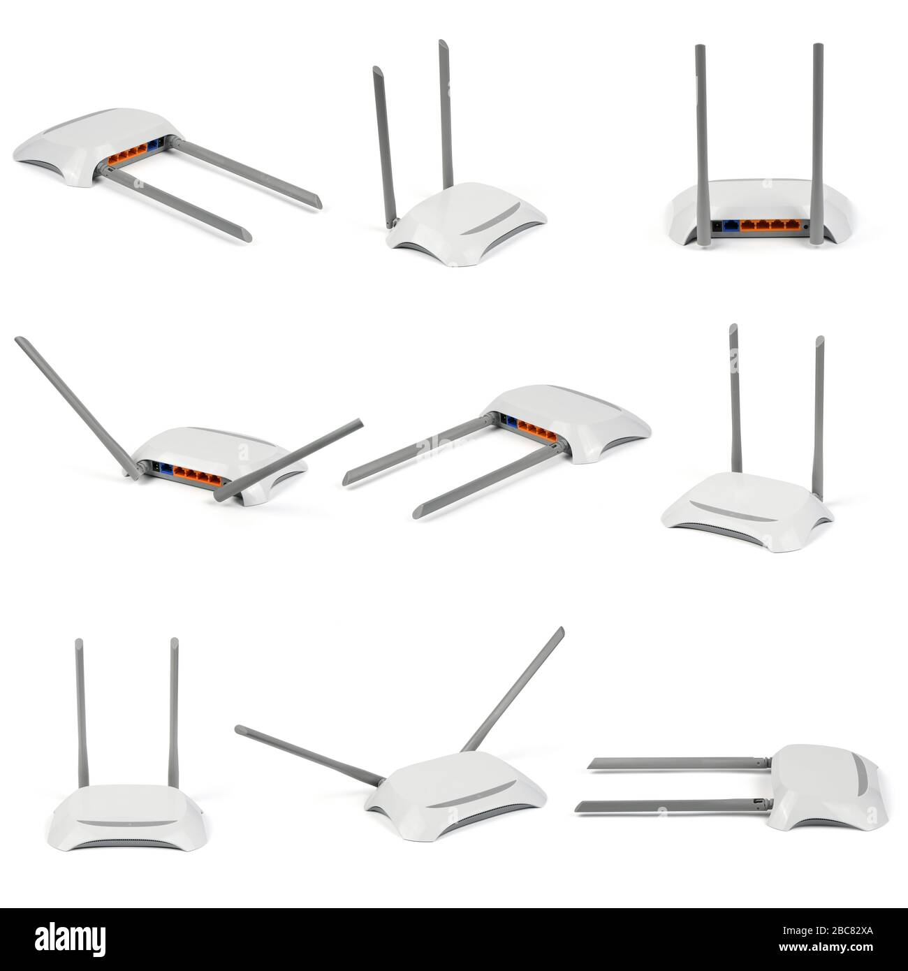 Nine white WI-FI router with two antennas isolated on white background ...