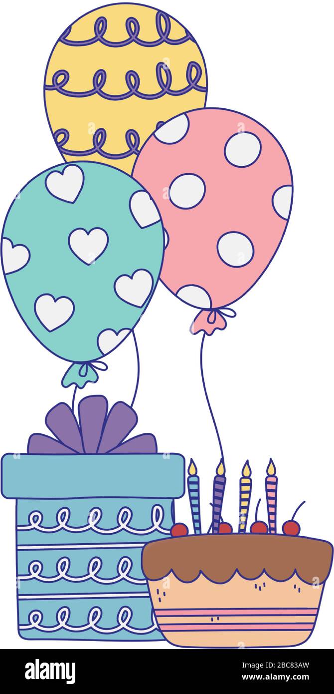 happy day, cake with candles gift and balloons haerts vector ...
