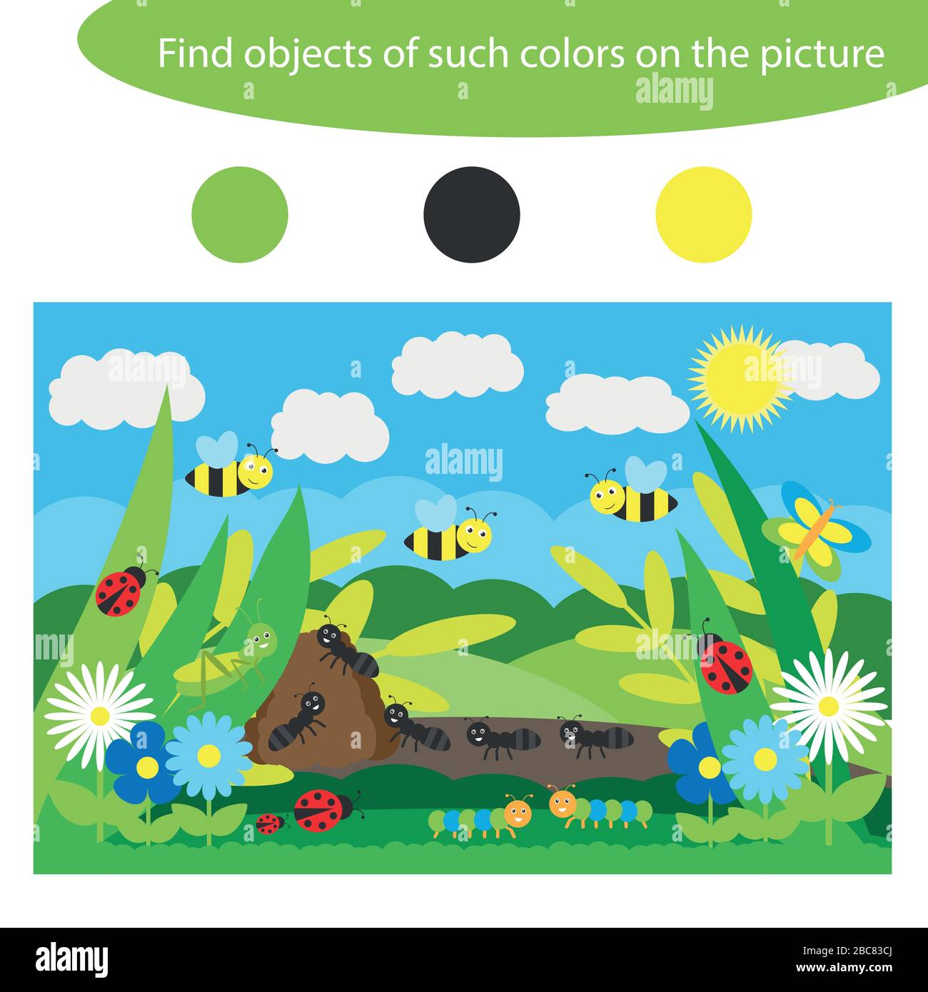 Find objects of same colors, insects game for children in cartoon style ...