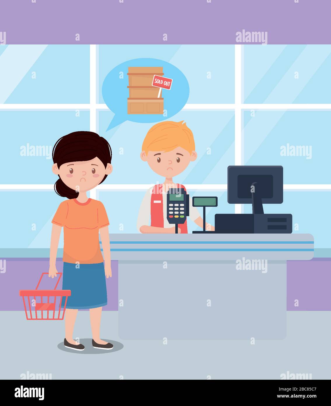 seller guy and sad customer with empty basket and sold out shelf ...