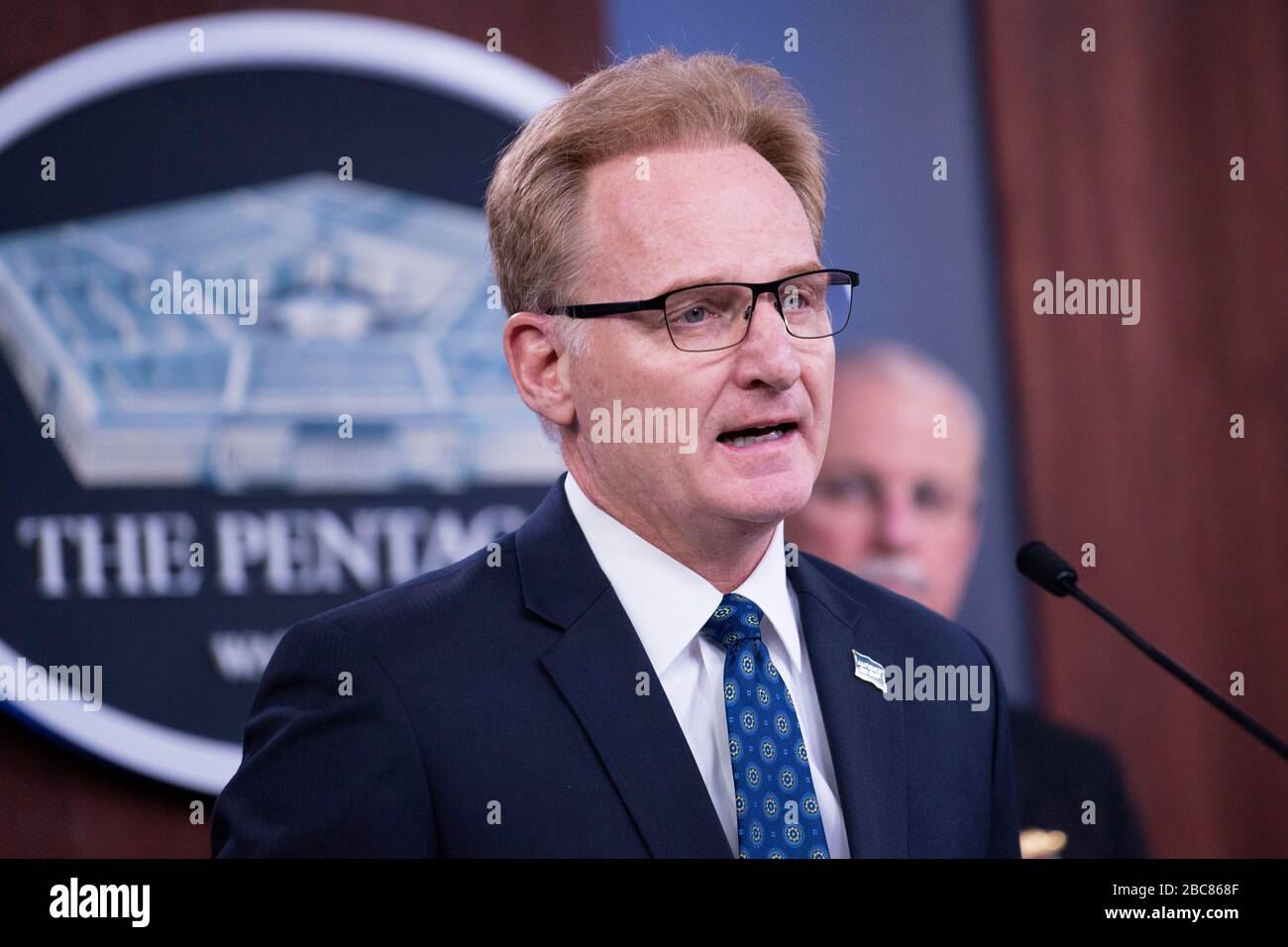 U.S. Acting Secretary of the Navy Thomas B. Modly, briefs reporters on ...