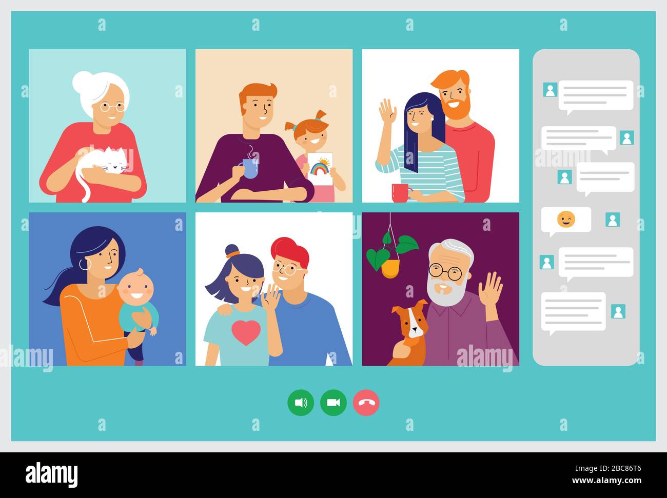 Family, grandparents, children, couple, young people video chatting on ...