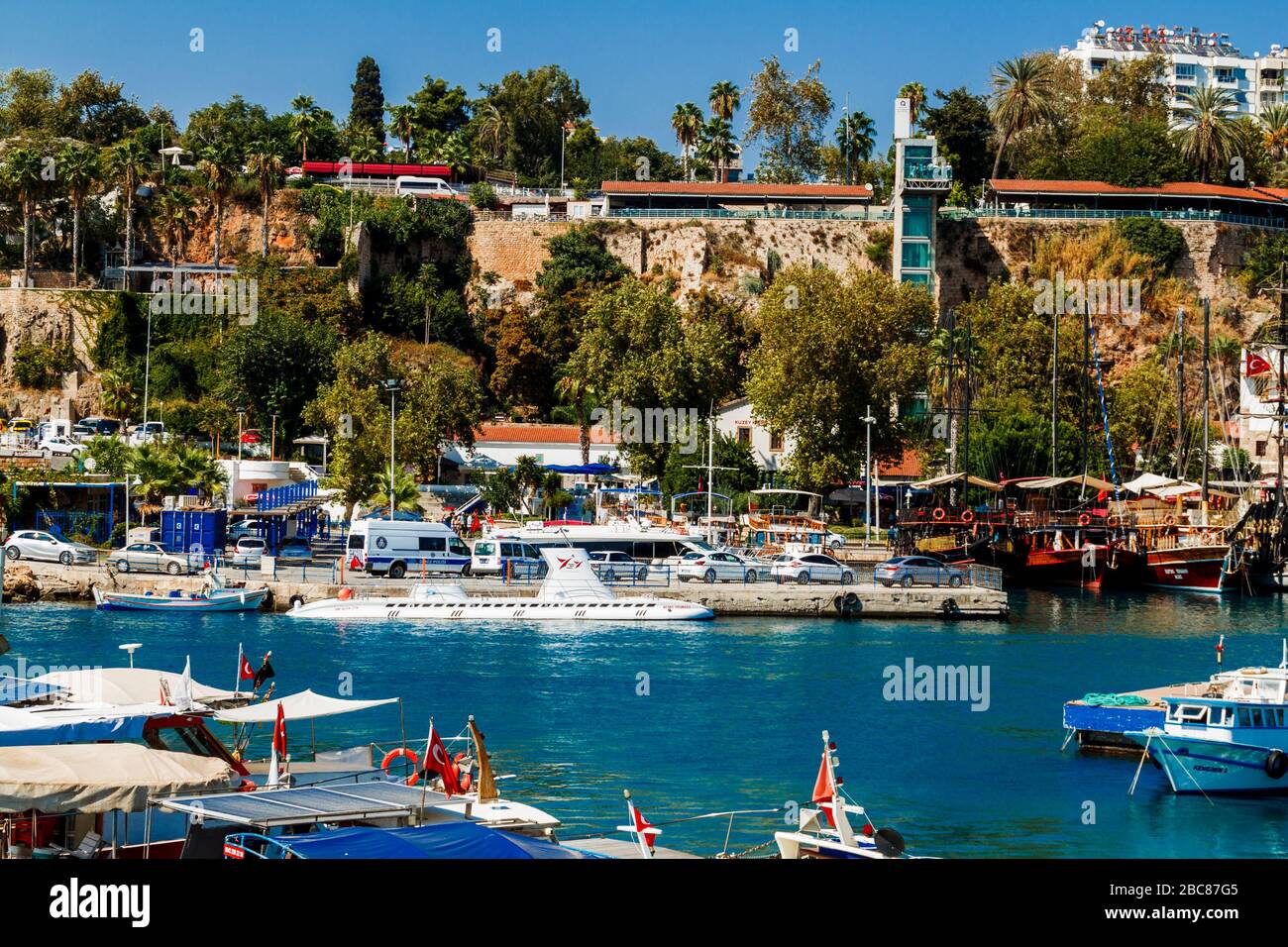 Antalya, Turkey - 20 September 2019: Harbor with boats and submarine in ...