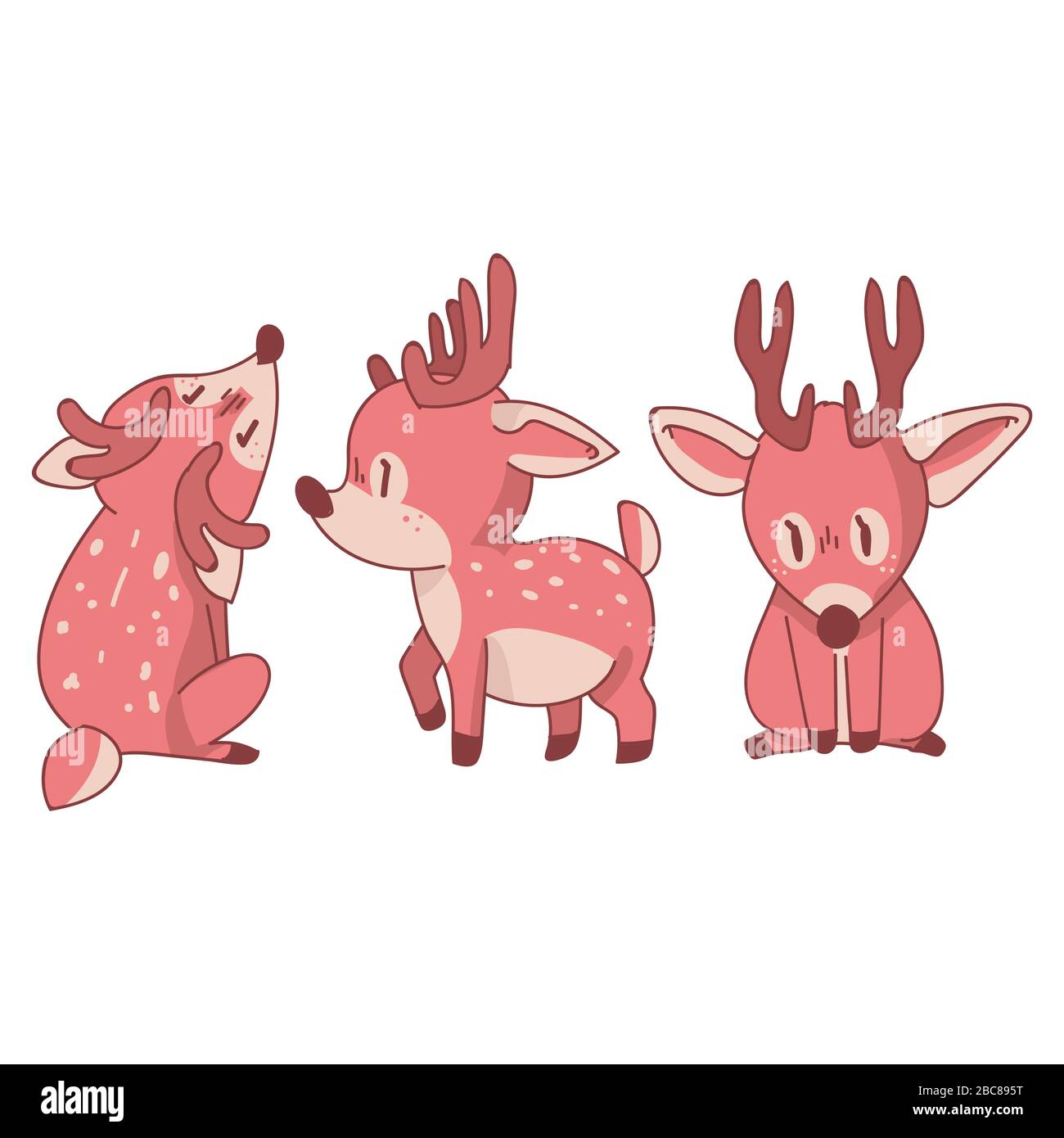 Pink kawaii deer animal vector set illustration. Pink girly doe with ...