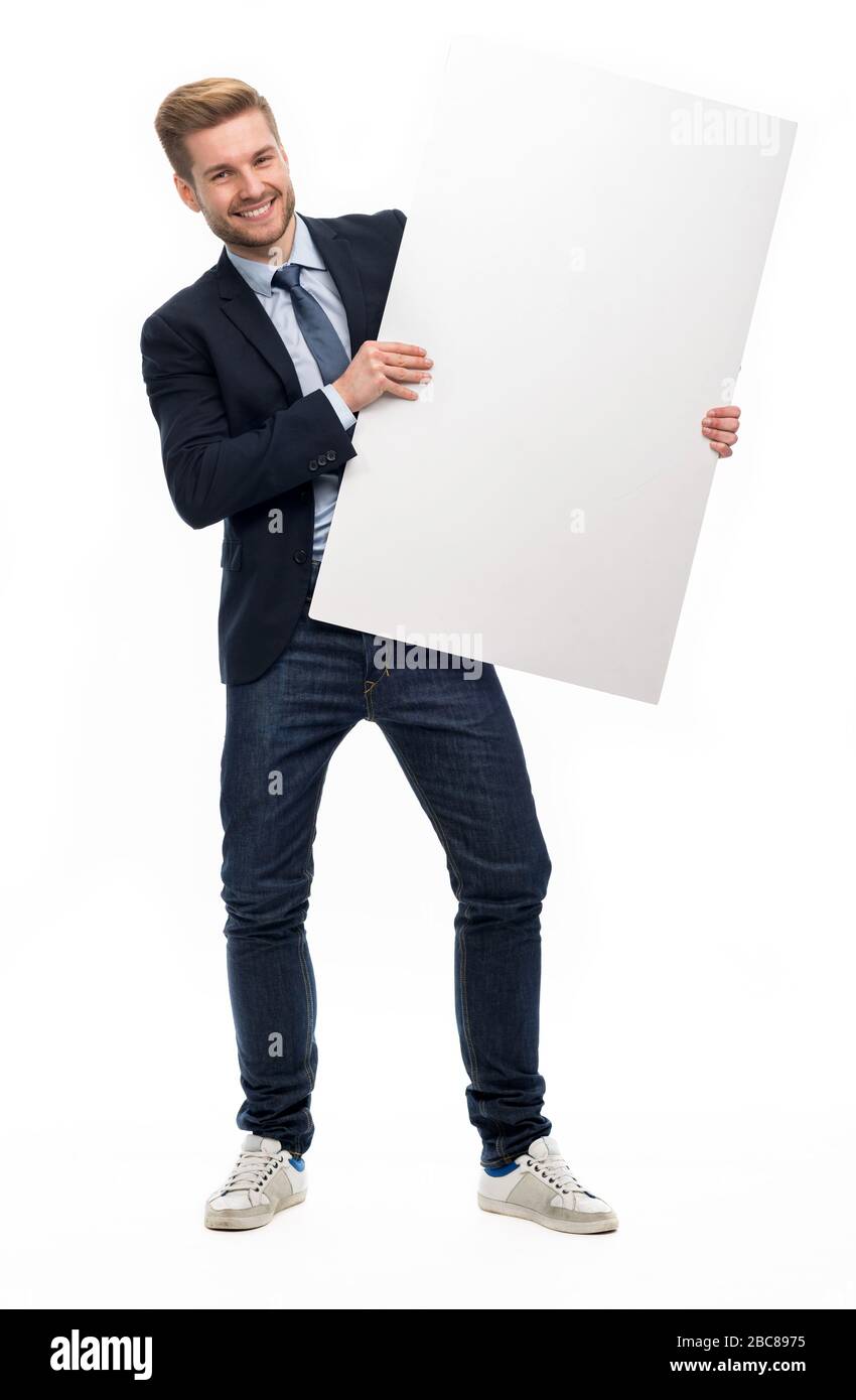 Business man holding white board Stock Photo - Alamy
