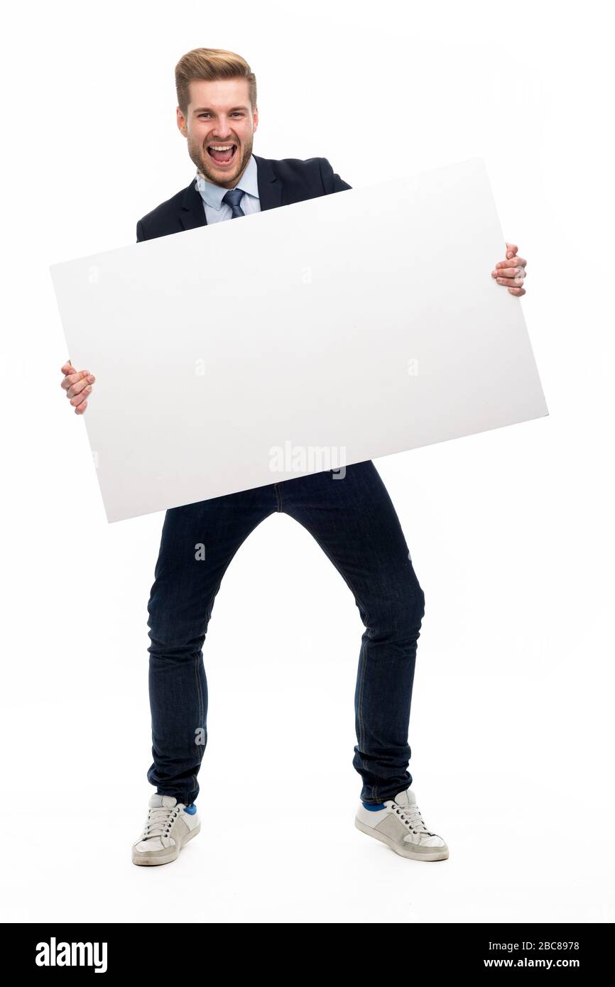 Business man holding white board Stock Photo - Alamy