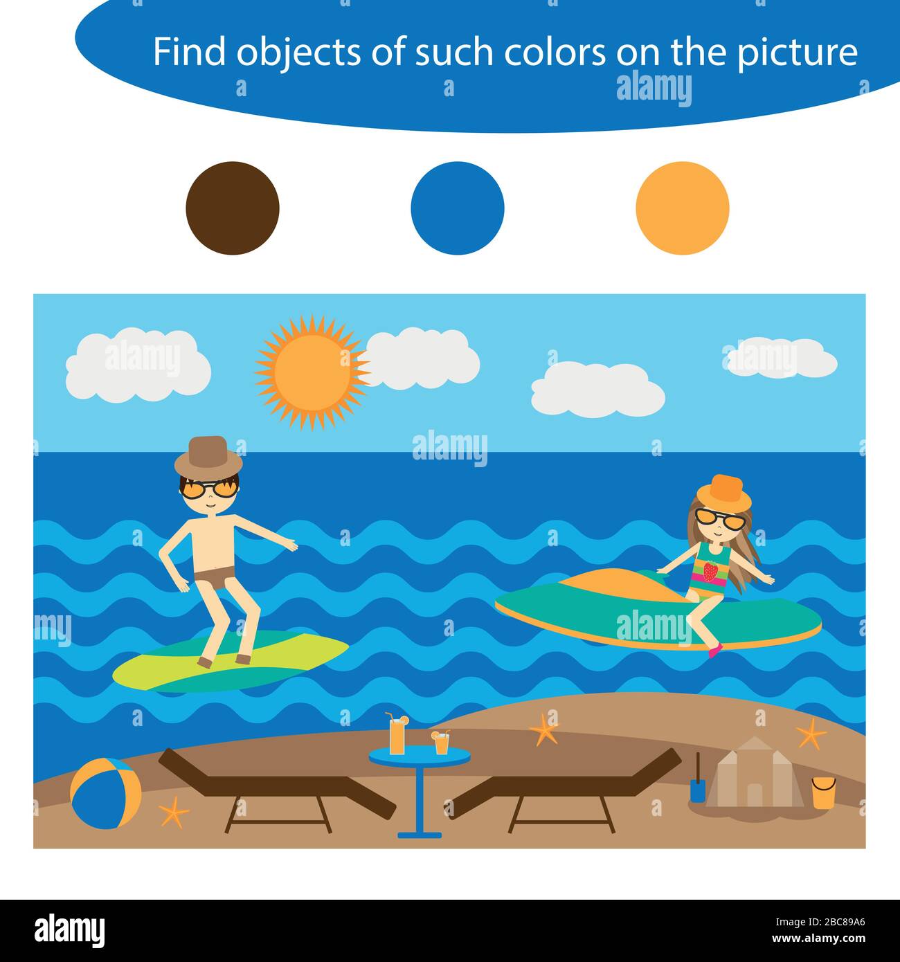 Find objects of same colors, summer game for children in cartoon style ...