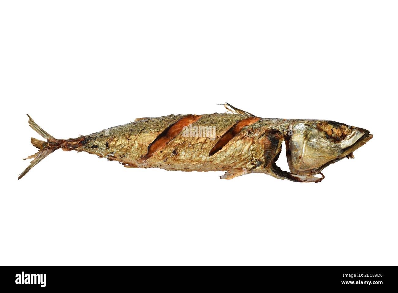 deep fried saba fish or mackerel with soy sauce on white background ...