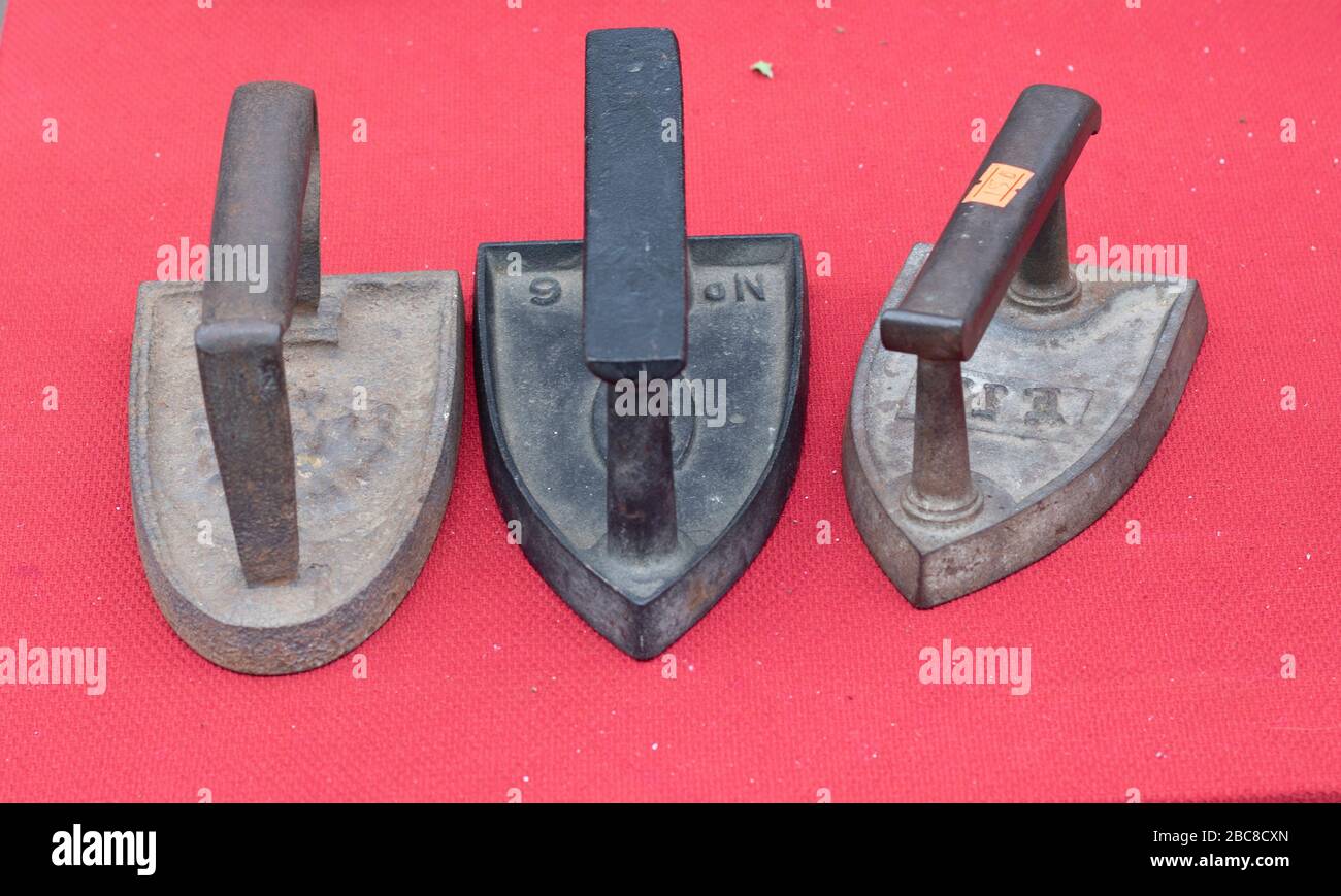 3 antique irons. It was taken in close-up and in the antique shop Stock ...