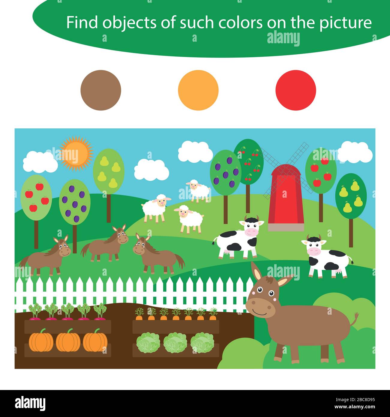 Find objects of same colors, farm animals, game for children in cartoon ...