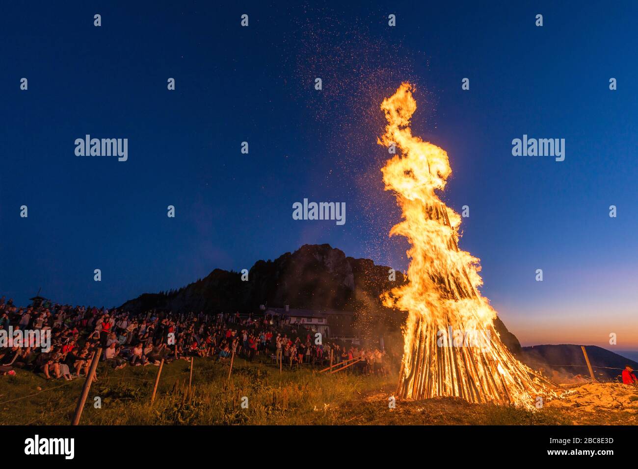 Midsummer fire on the Kampenwand, Chiemgau, Bavaria, Germany, Europe ...