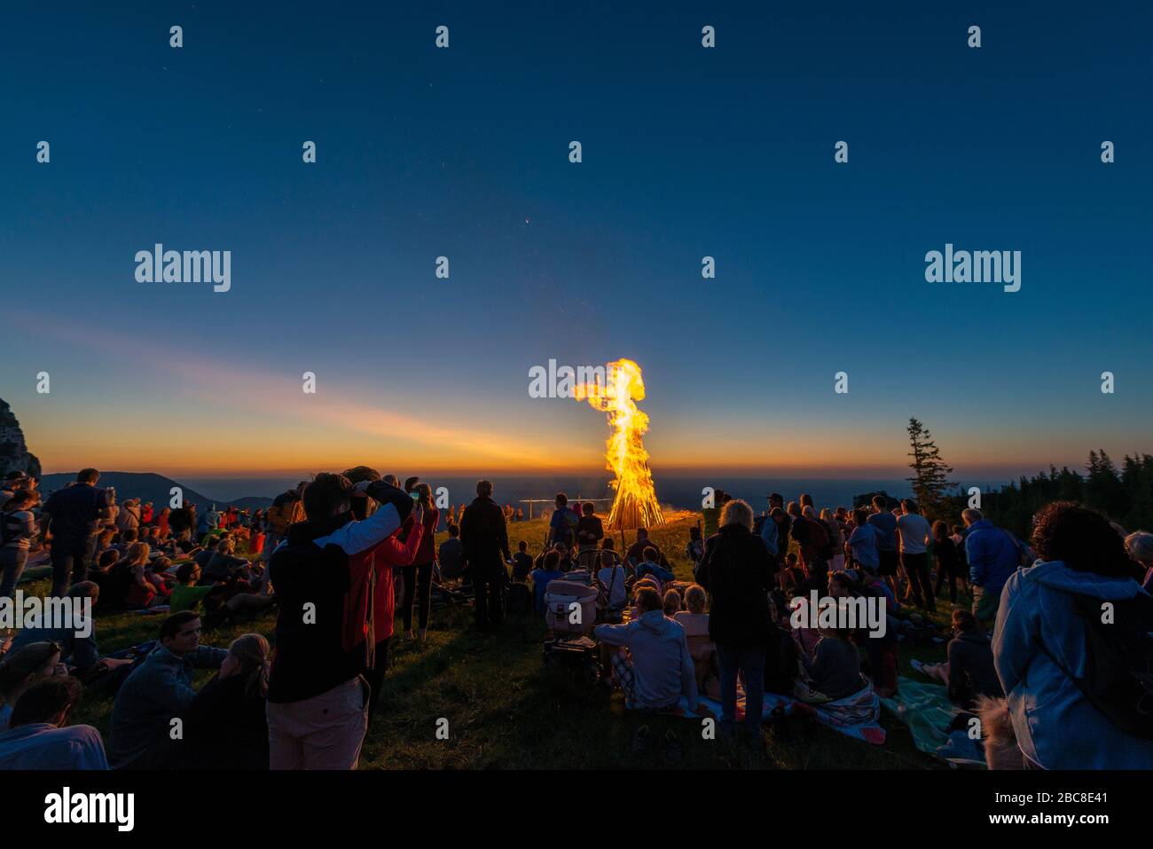 Midsummer fire on the Kampenwand, Chiemgau, Bavaria, Germany, Europe ...