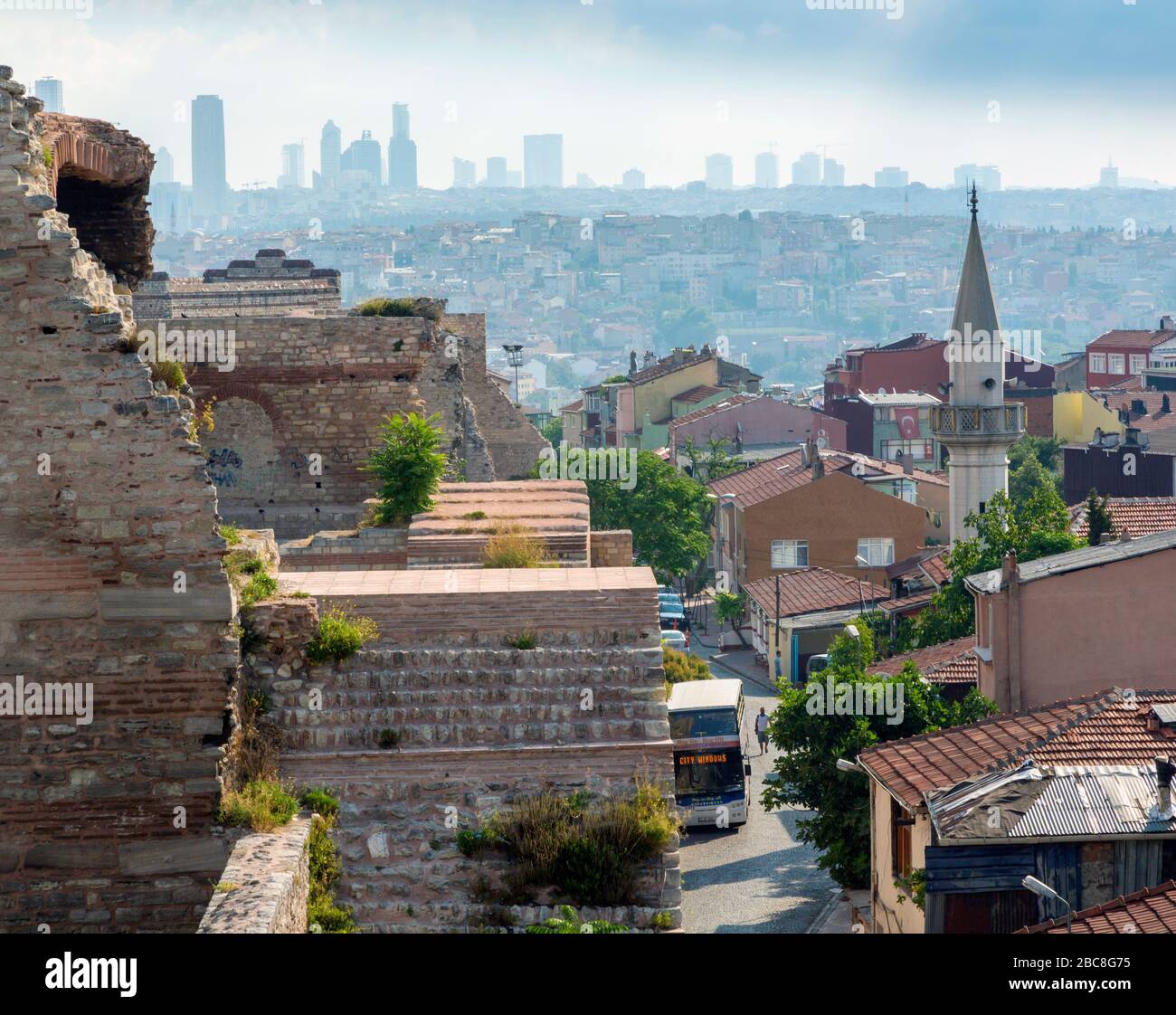 Istanbul, Turkey. View across suburbs to modern skyline from ruins of ...