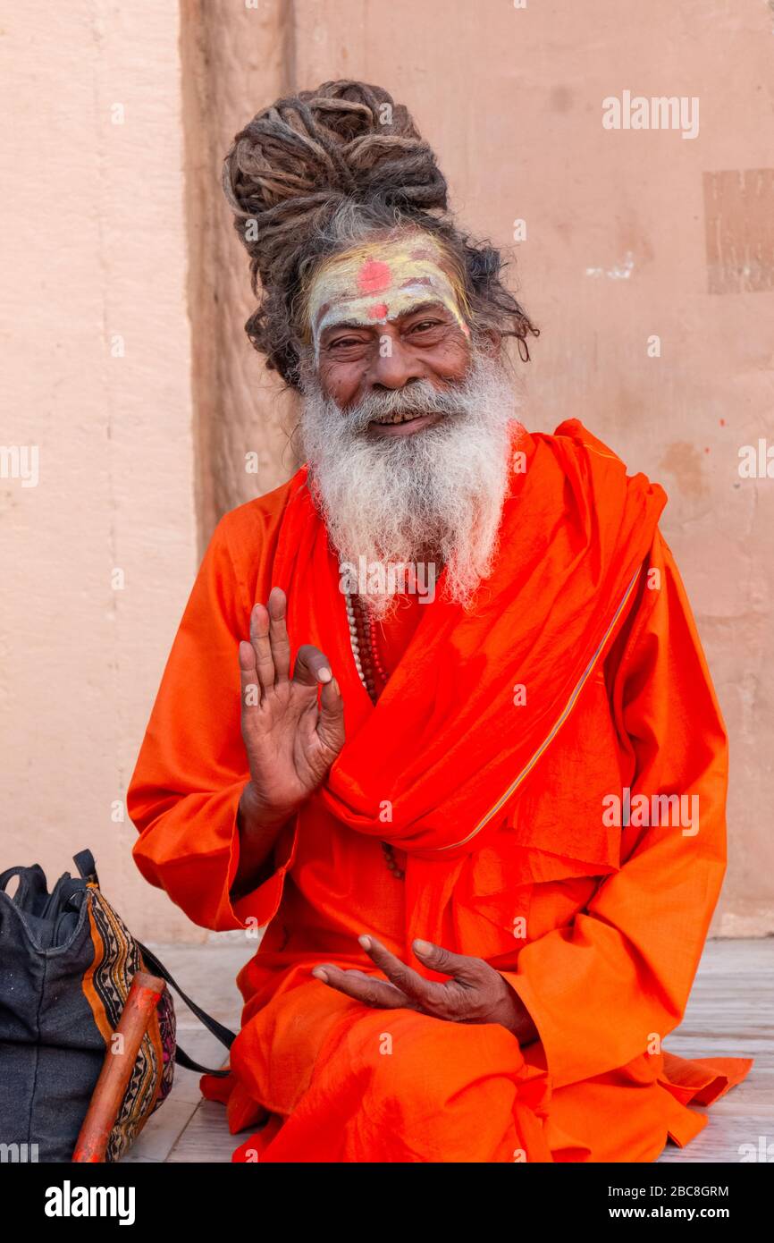 Varanasi, India - April 2019 : Sadhu baba blessing with smile at the ...