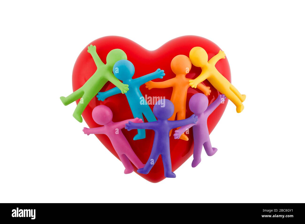 Group of colorful people figures sticking together with red heart ...