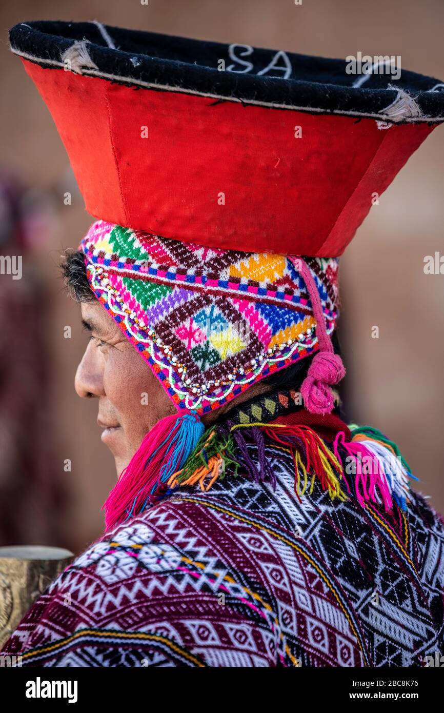 Quechua man ("varayoc" or local mayor) dressed in traditional costume ...