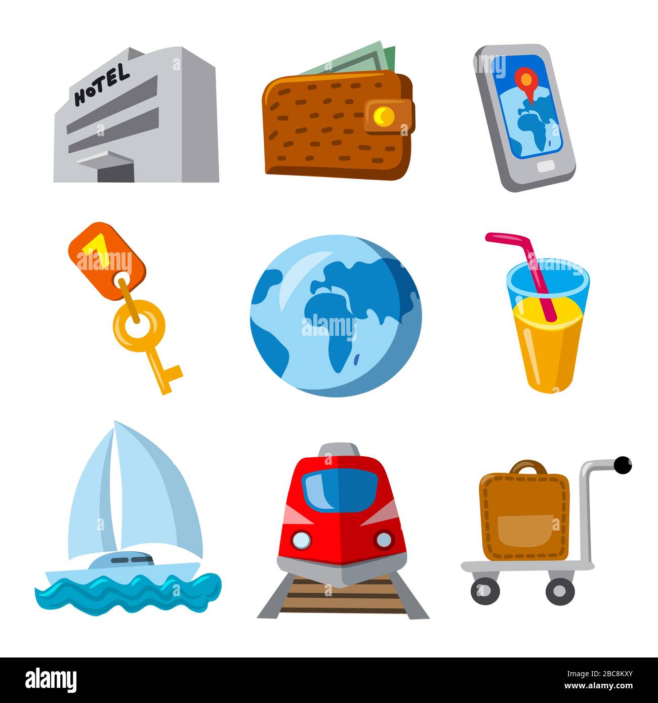 illustration of the cartoon travel and journey icon set Stock Vector ...