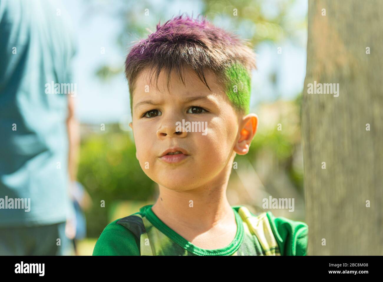 Closeup of beautiful caucasian boys with green and purple dyed hair ...